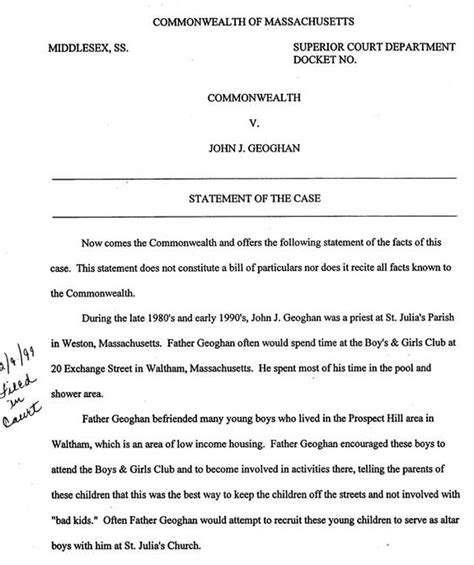 Statement Of Case Against Geoghan Page 1 By Martha Coakley And Lynn C Rooney November 22 1999