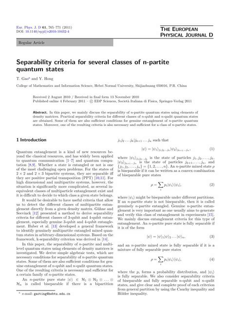 Pdf Separability Criteria For Several Classes Of N Partite Quantum States Dokumentips