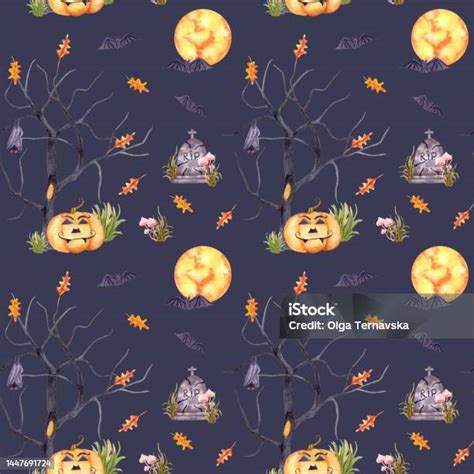 즐거운 할로윈 보내세요 호박 잭과 박쥐가있는 완벽한 수채화 패턴 무덤 나무 및 빛나는 달이있는 수채화 그림 가을 불에 탄 잎 10월에 대한 스톡 벡터 아트 및 기타 이미지
