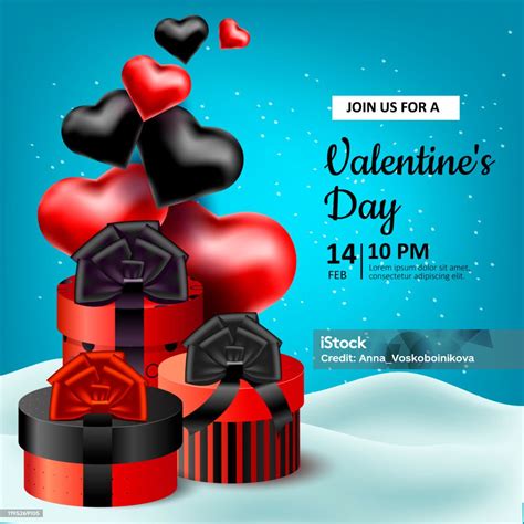 발렌타인 데이 벡터 사실적인 그림 리본과 활 빨간색과 검은 색 포장 상자와 함께 하트 모양의 풍선입니다 눈과 눈표류 배너 사랑의