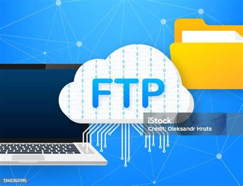 랩톱의 Ftp 파일 전송 아이콘입니다 Ftp 기술 아이콘입니다 데이터를 서버로 전송합니다 벡터 그림입니다 개념에 대한 스톡 벡터