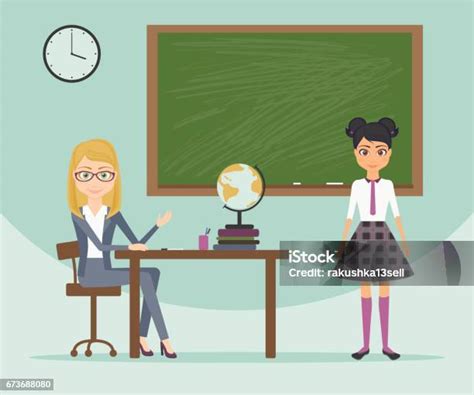 여학생 교복을 입은 여학생 만화 벡터 평면 일러스트레이션 교육자는 학생을 검사합니다 칠판이 있는 교실 책과 전 세계가 있는 교육 책상 벽에 시계 디자인에 대한 스톡 벡터
