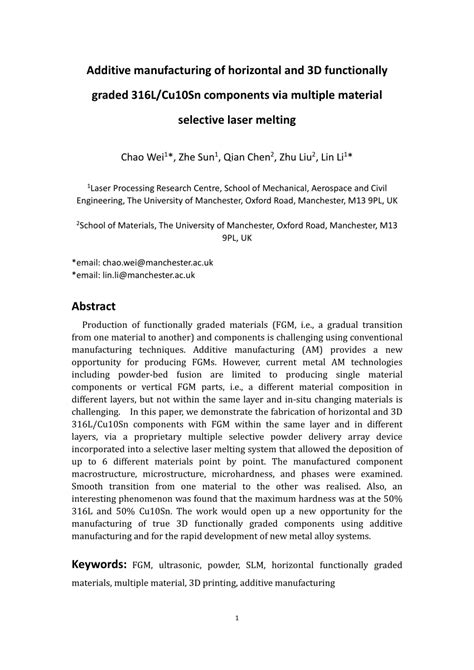 Pdf Additive Manufacturing Of Horizontal And 3d Functionally Graded 316l Cu10sn Components Via