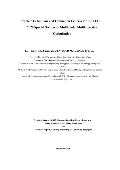 Pdf Problem Definitions And Evaluation Criteria For The Cec 2020