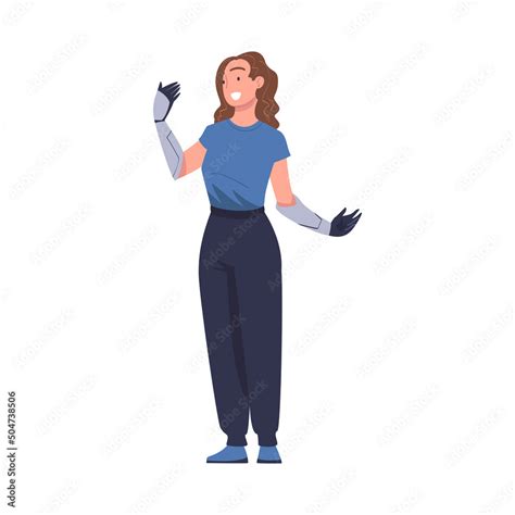 Happy Woman Character With Replaced Robotic Arms As Body Part Prosthesis Restoring Normal