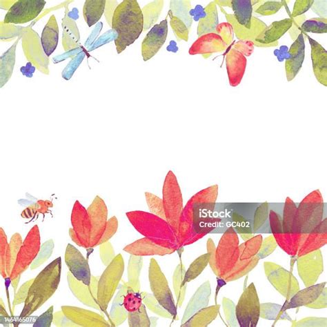 튤립과 곤충이 있는 수채화 템플릿입니다 봄 꽃 템플릿 프레임 초대장 포스터 전단지 배너 카드 메시지 장소 5월에 대한 스톡 벡터