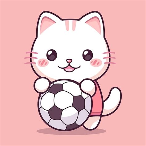 귀여운 고양이 축구 공 만화 마스코트 벡터 일러스트 레이 션을 재생 프리미엄 벡터