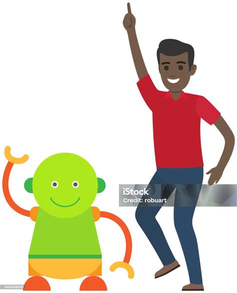 남자와 함께 디스코를 춤추는 로봇 인공지능 엔터테인먼트용 기술 개발 과학에 대한 스톡 벡터 아트 및 기타 이미지 과학 구