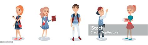 젊은 남자와 여자 학생 캐주얼 웨어에 책과 배낭 벡터 세트 개체 그룹에 대한 스톡 벡터 아트 및 기타 이미지 개체 그룹 거리 공부 Istock