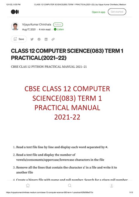 Class 12 Computer Science083 Term 1 Practical202122 By Vijaya