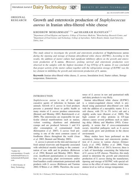 Pdf Growth And Enterotoxin Production Of Staphylococcus Aureus In