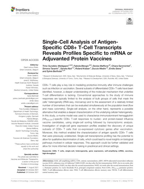 Pdf Single Cell Analysis Of Antigen Specific Cd8 T Cell Transcripts Reveals Profiles Specific