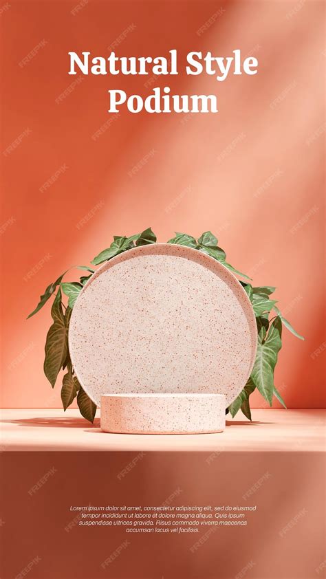 Цилиндрический подиум из терраццо в портрете лосося красная стена и зеленый лист 3d рендеринг