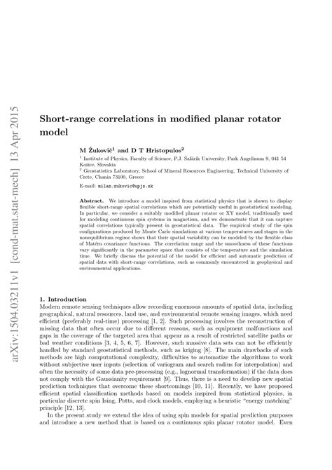 Pdf Short Range Correlations In Modified Planar Rotator Model