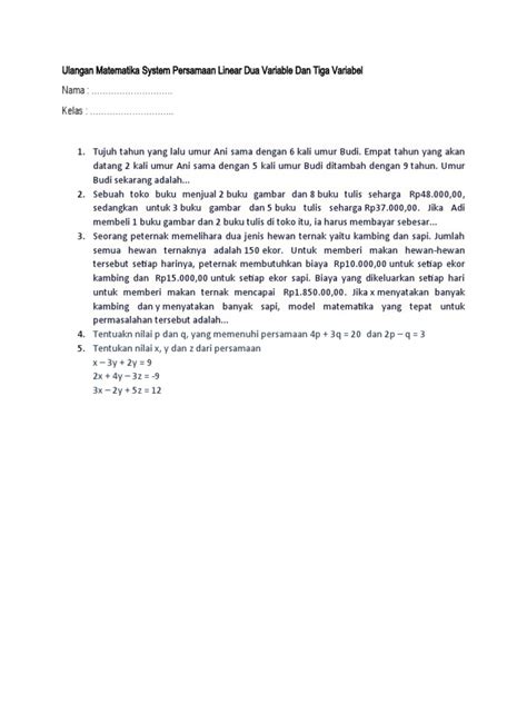Ulangan Matematika System Persamaan Linear Dua Variable Dan Tiga