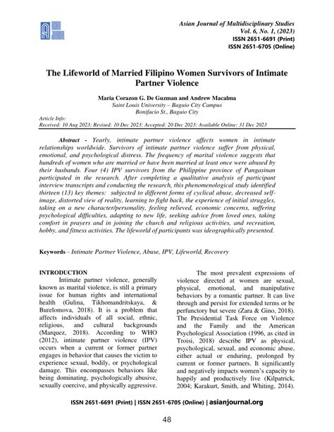 Pdf The Lifeworld Of Married Filipino Women Survivors Of Intimate