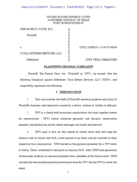 1 Tpv V Tsys Original Complaint Pdf Damages Complaint