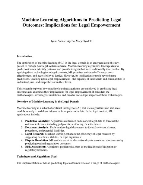 Pdf Machine Learning Algorithms In Predicting Legal Outcomes