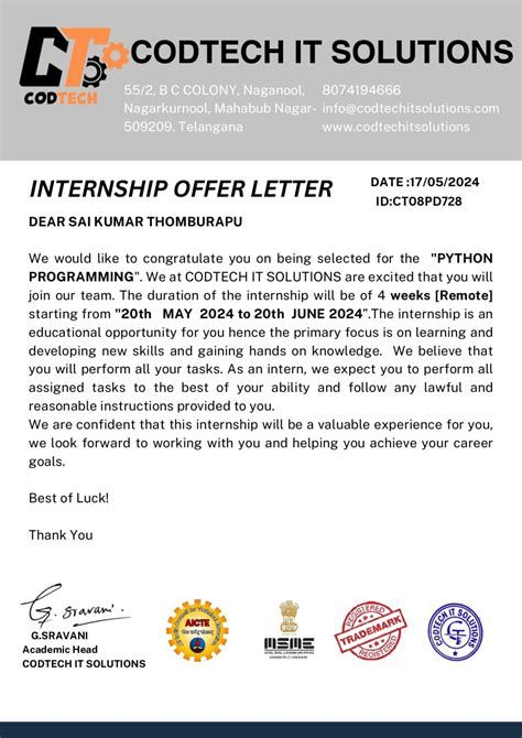 I Am Excited To Share That I Have Received An Internship Offer From Codtech It Solutions In The