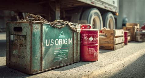 Truck Unloading Rusty Metal And Wooden Crates With Warning Signs Stock