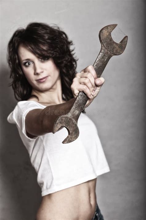 Girl Holding Wrench Spanner Tool Stock Image Image Of Wrench Builder 59846105