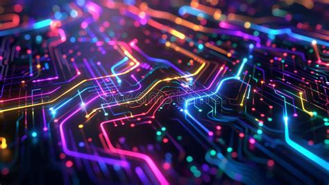 Abstract Circuit Board With Glowing Neon Lights And Colorful Nodes Digital Technology Background