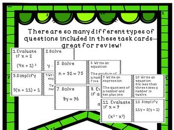 Evaluating Solving Simplifying Writing Expressions Equations Task Cards