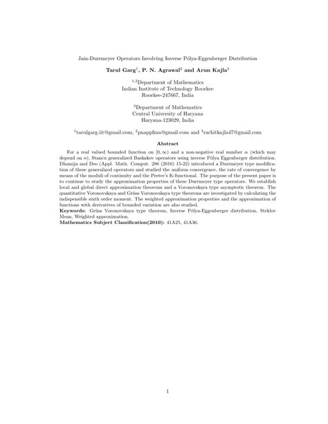 Pdf Jain Durrmeyer Operators Involving Inverse Pólya Eggenberger Distribution