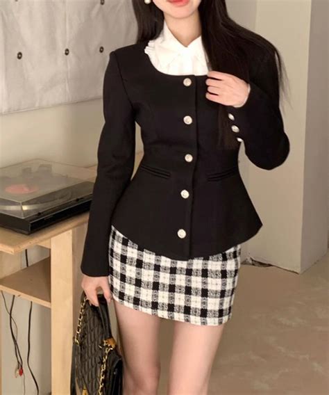 캣스트릿 무료배송 코디세트 자켓 원피스 니즈 클래식하객룩 셋업 블랙 체크 패턴