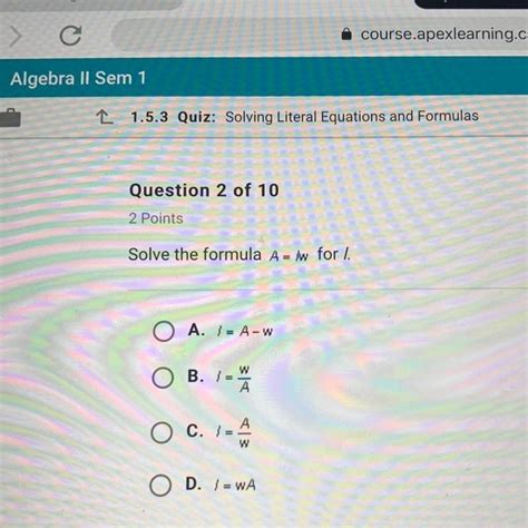 FREE Please Help Solve The Formula A W For L Brainly Com