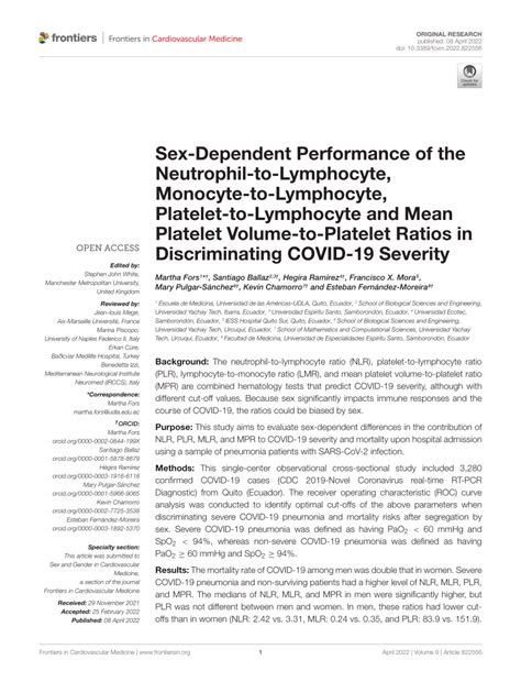 Pdf Sex Dependent Performance Of The Neutrophil To Lymphocyte Monocyte To Lymphocyte