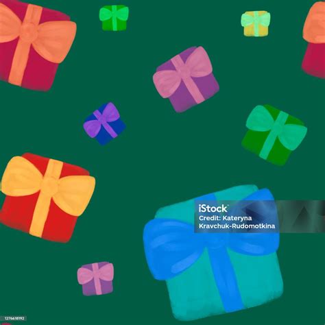 짙은 녹색 배경에 활이 있는 수채색 여러 가지 색의 선물 상자 크리스마스 원활한 패턴 생일 기념일 축제 휴일 인쇄 포장 벽지