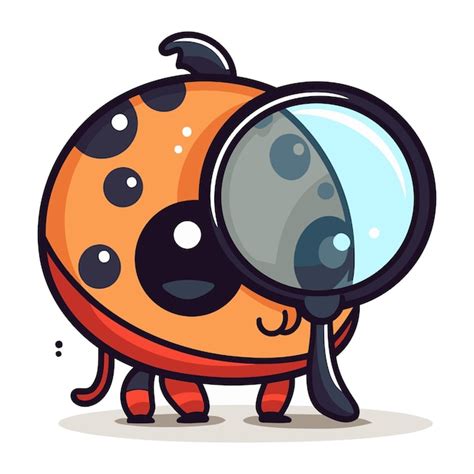Ледибуг с увеличительным стеклом Миленькая мультфильмная векторная иллюстрация Премиум векторы