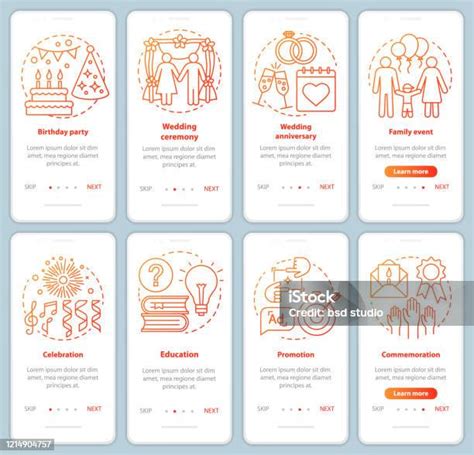 선형 개념으로 모바일 앱 페이지 화면을 온보딩하는 특별 이벤트 관리 파티 플래너 휴일 축 하 연습 그래픽 지침입니다 Ux Ui 그림이 있는 Gui 벡터 템플릿 세트 개념에
