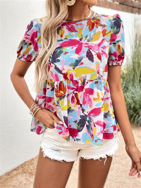 Shein Vcay Allover Print Puff Sleeve Peplum Blouse Shein Usa