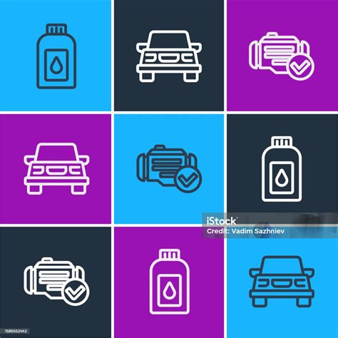 모터 기계 오일용 라인 캐니스터를 설정하고 엔진 및 자동차 아이콘을 확인합니다 벡터 가솔린에 대한 스톡 벡터 아트 및 기타 이미지 가솔린 갤런 경계 표지 Istock