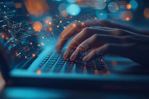 Close Up Of Hands Typing On A Computer Keyboard With Digital Network Overlay Showcasing