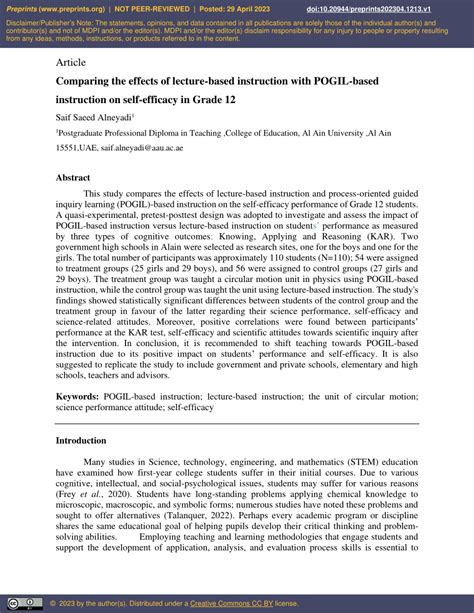 Pdf Comparing The Effects Of Lecture Based Instruction With Pogil Based Instruction On Self