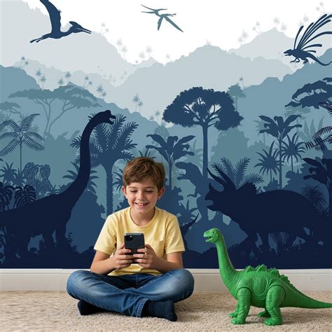Dark Blue Dinosaur Wallpaper Peel And Stick Nursery Dark Forest Dino