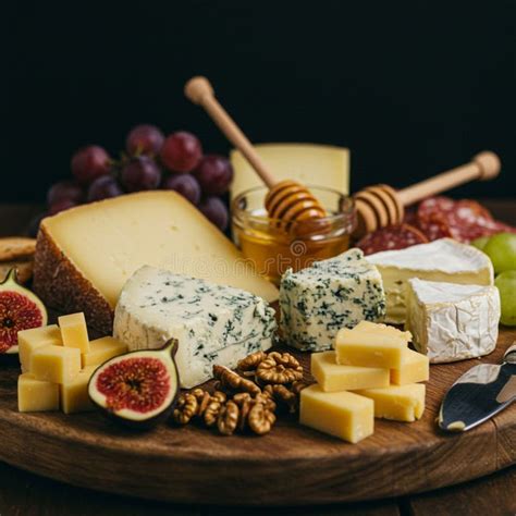 A Wooden Platter Displays A Variety Of Cheeses Including Blue Cheese