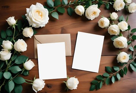 커플의 이름과 결혼식 날짜 봉투 모형 템플릿 사진 빈 번들을 특징으로하는 녹색 꽃 화환 디자인의 결혼식 초대장 카드 0명에 대한 스톡 사진 및 기타 이미지 Istock