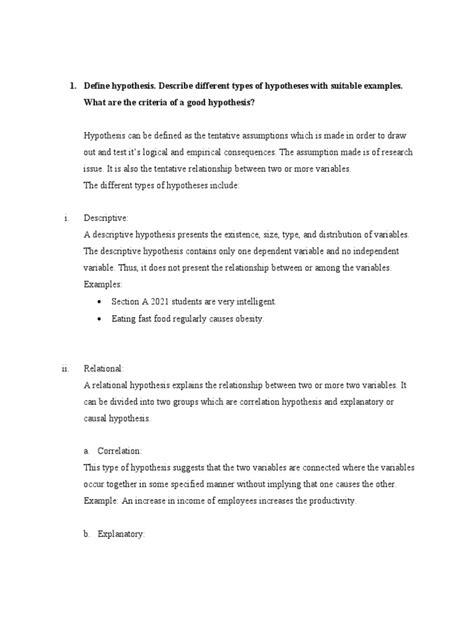 Define Hypothesis Describe Different Types Of Hypotheses With Suitable