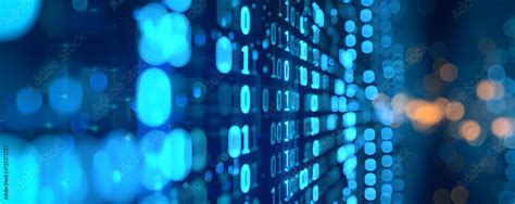 Binary Data Over A Blue Background With Blurry Pixels Featuring A Bokeh Effect The