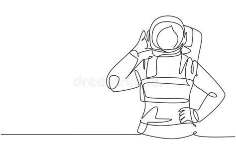Single One Line Drawing Female Astronaut With Call Me Gesture Wearing Spacesuits To Explore
