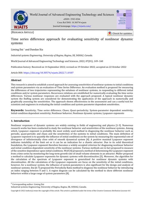 Pdf Time Series Difference Approach For Evaluating Sensitivity Of Nonlinear Dynamic Systems