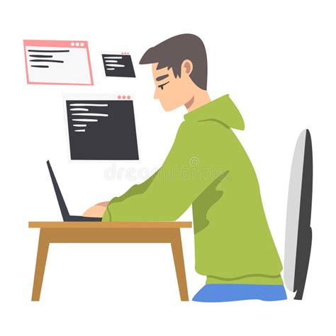 Man Web Developer Or Programmer Working In Front Of Computer Screen Vector Illustration Stock