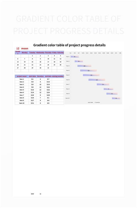 Gradient Color Table Of Project Progress Details Excel Template And