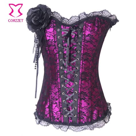 Purple Satin And Black Floral Lace Corset Bustier Top Gothic Clothing