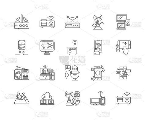 广播线路图标、符号、矢量集、大纲插图概念