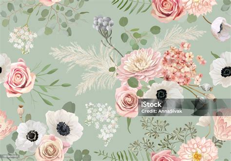 수채화 원활한 말미잘 장미 꽃 유칼립투스 잎 팜파 잔디 벡터 배경 봄 건조 꽃 패턴 웨딩 섬유 프린트 벽지 질감 배경에 대한 여름 보헤미안 디자인 0명에 대한 스톡 벡터
